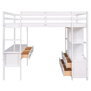 Harper & Bright Designs Full Loft Bed with Desk, Solid Wood Frame Storage Shelves and Drawers (Full Size, White), Gray(storage)