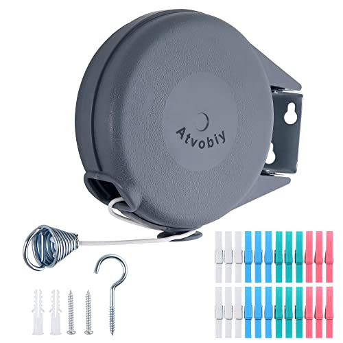 Atvobiy Retractable Clothesline Outdoor Indoor Heavy Duty Clothes Line Retracting Outdoors with Wall Mount Clothes Drying Line 49 Feet PVC Laundry Line with 24 pcs Clothespins for Drying Clothes Gray