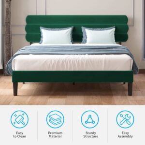 Mjkone King/Queen/Full Size Bed Frame| Fabric Padded Bedroom Furniture| Upholstered Bed Frame with Velvet Tufted Headboard Green/Dark Grey/Light Grey