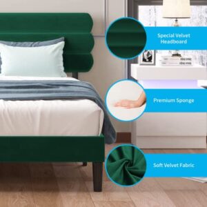 Mjkone King/Queen/Full Size Bed Frame| Fabric Padded Bedroom Furniture| Upholstered Bed Frame with Velvet Tufted Headboard Green/Dark Grey/Light Grey