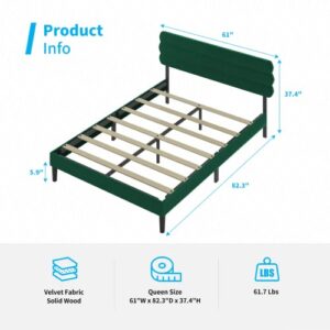 Mjkone King/Queen/Full Size Bed Frame| Fabric Padded Bedroom Furniture| Upholstered Bed Frame with Velvet Tufted Headboard Green/Dark Grey/Light Grey