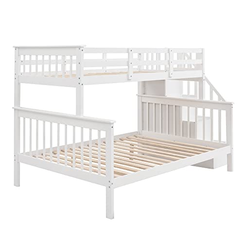 Twin Over Full Beds with Storage Stairs, Solid Wood Bunk Beds with Guard Rail for Kids,Teens,Boys,Girls,Adults