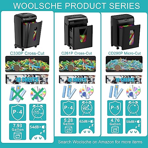 Woolsche Paper Shredder, 18-Sheet Cross Cut with 7.93-Gallon Pull Out Basket, P-4 Security Level, 3-Mode Design Shred Paper and Credit Card, Durable&Fast with Auto Jam Proof System Shredder for Office