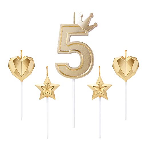 1 Set of 3inch Birthday Candles, Including 1 Crown Cake Main Numeral Candles, 2 Star Candles and 2 Heart Candles for Birthday Anniversary Parties (Gold, 5)