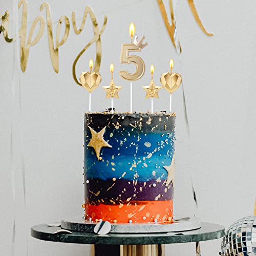 1 Set of 3inch Birthday Candles, Including 1 Crown Cake Main Numeral Candles, 2 Star Candles and 2 Heart Candles for Birthday Anniversary Parties (Gold, 5)