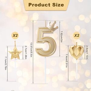 1 Set of 3inch Birthday Candles, Including 1 Crown Cake Main Numeral Candles, 2 Star Candles and 2 Heart Candles for Birthday Anniversary Parties (Gold, 5)