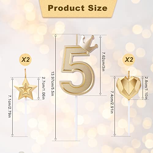 1 Set of 3inch Birthday Candles, Including 1 Crown Cake Main Numeral Candles, 2 Star Candles and 2 Heart Candles for Birthday Anniversary Parties (Gold, 5)