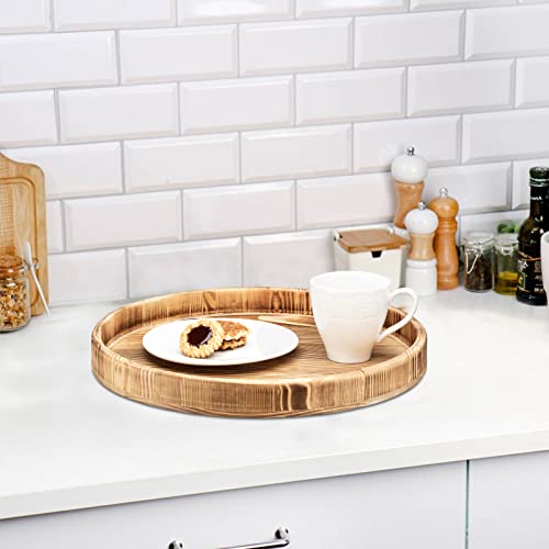 13 Inches Large Solid Wooden Serving Tray Round Tea Coffee Table Tray Snack Food Meals Serving Plate Kitchen Party Bar Server Breakfast Tray with Raised Edges Ottoman Tray Nature Wood