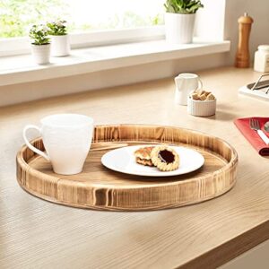 13 Inches Large Solid Wooden Serving Tray Round Tea Coffee Table Tray Snack Food Meals Serving Plate Kitchen Party Bar Server Breakfast Tray with Raised Edges Ottoman Tray Nature Wood