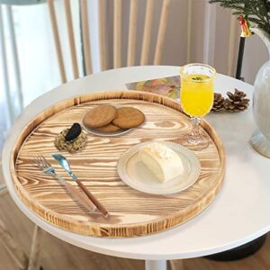 13 Inches Large Solid Wooden Serving Tray Round Tea Coffee Table Tray Snack Food Meals Serving Plate Kitchen Party Bar Server Breakfast Tray with Raised Edges Ottoman Tray Nature Wood