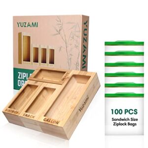 yuzami ziplock bag organizer , bamboo drawer organizer , 4 separate baggie organizer storage bag organizer, also includes 100 pcs sandwich ziplock bags, bag storage organizer for kitchen drawer