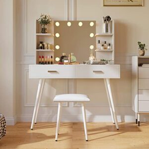 furnideco vanity set with 10 light bulbs, makeup table with cushioned stool, 6 storage shelves 2 drawers, vanity set 3 lighting modes brightness adjustable for bedroom studio