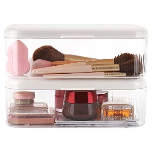 Tecbeauty 2PCS Cosmetic Storage Organizer Box with Lid,Clear Plastic Big Containers for Bedroom, Bathroom Vanity Shelf or Cabinet