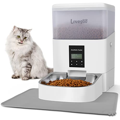 Lovegoo Automatic Cat Dog Feeder with Feeding Mat Anti-Clogging Design Timed Cat Feeder 4L Programmable Control 1-4 Meals Pet Dry Food Dispenser with Desiccant Bag, Twist Lock Lid, 10s Voice Recorder