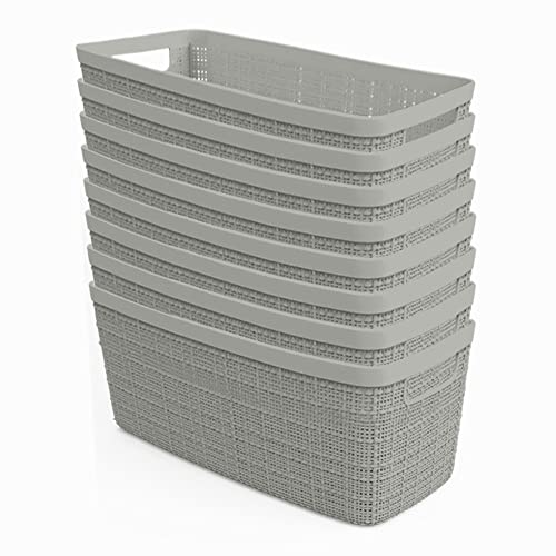 Curver Set of 4 Jute Large Decorative Plastic Organization and Storage Baskets Perfect Bins for Home Office,White, 4 & Set of 8 Jute Half Medium Decorative Plastic Organization Grey, 8 Count