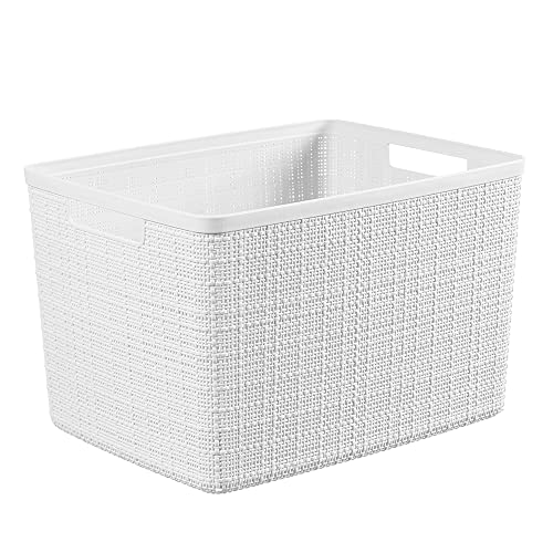 Curver Set of 4 Jute Large Decorative Plastic Organization and Storage Baskets Perfect Bins for Home Office,White, 4 & Set of 8 Jute Half Medium Decorative Plastic Organization Grey, 8 Count