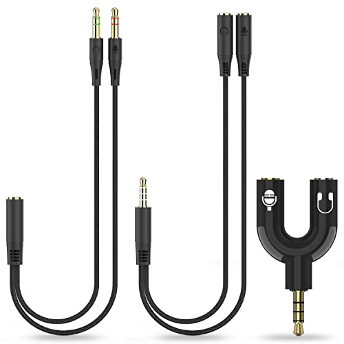 sovunis Headphone Splitter Adapter, 3-in-1 Pack 3.5mm Male to 2 Port 3.5mm Female & 3.5mm Female to 2 Port 3.5mm Male Aux Stereo Y Jack Cable for PS4, Xbox, Phone, PC, Tablet, Laptop, Gaming Headset