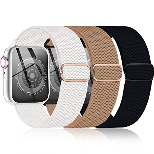 3 Pack Stretchy Nylon Band Compatible with Apple Watch Band 38mm 40mm 41mm for Women Men, Adjustable Sport Solo Loop Elastic Strap for iWatch Series Ultra/SE/8/7/6/5/4/3/2/1, White/Brown/Black