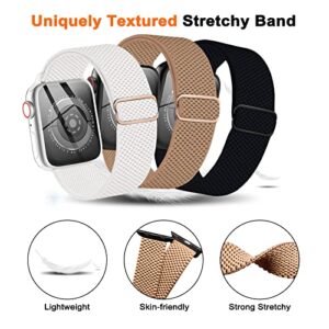 3 Pack Stretchy Nylon Band Compatible with Apple Watch Band 38mm 40mm 41mm for Women Men, Adjustable Sport Solo Loop Elastic Strap for iWatch Series Ultra/SE/8/7/6/5/4/3/2/1, White/Brown/Black