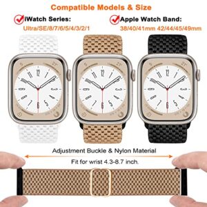 3 Pack Stretchy Nylon Band Compatible with Apple Watch Band 38mm 40mm 41mm for Women Men, Adjustable Sport Solo Loop Elastic Strap for iWatch Series Ultra/SE/8/7/6/5/4/3/2/1, White/Brown/Black