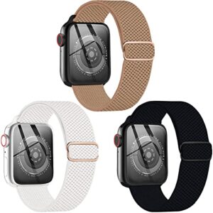 3 Pack Stretchy Nylon Band Compatible with Apple Watch Band 38mm 40mm 41mm for Women Men, Adjustable Sport Solo Loop Elastic Strap for iWatch Series Ultra/SE/8/7/6/5/4/3/2/1, White/Brown/Black