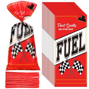 100 pcs race car fuel can popcorn treat bags racing car cellophane candy bags cookie snacks bags with twist checkered racing flag bags racing theme decorations racing car birthday party supplies