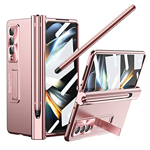 YQODSZ for Samsung Galaxy Z Fold 4 Case with S Pen & Pen Holder, [Hinge Protection] [Built-in Screen Protector] [Kickstand Feature] All-Inclusive Slim PC Phone Case Cover for Z Fold 4 2022 - Pink