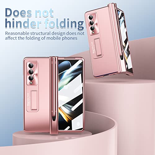 YQODSZ for Samsung Galaxy Z Fold 4 Case with S Pen & Pen Holder, [Hinge Protection] [Built-in Screen Protector] [Kickstand Feature] All-Inclusive Slim PC Phone Case Cover for Z Fold 4 2022 - Pink