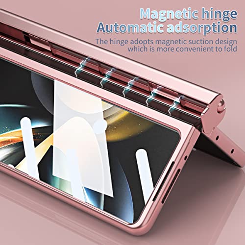 YQODSZ for Samsung Galaxy Z Fold 4 Case with S Pen & Pen Holder, [Hinge Protection] [Built-in Screen Protector] [Kickstand Feature] All-Inclusive Slim PC Phone Case Cover for Z Fold 4 2022 - Pink