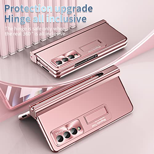 YQODSZ for Samsung Galaxy Z Fold 4 Case with S Pen & Pen Holder, [Hinge Protection] [Built-in Screen Protector] [Kickstand Feature] All-Inclusive Slim PC Phone Case Cover for Z Fold 4 2022 - Pink