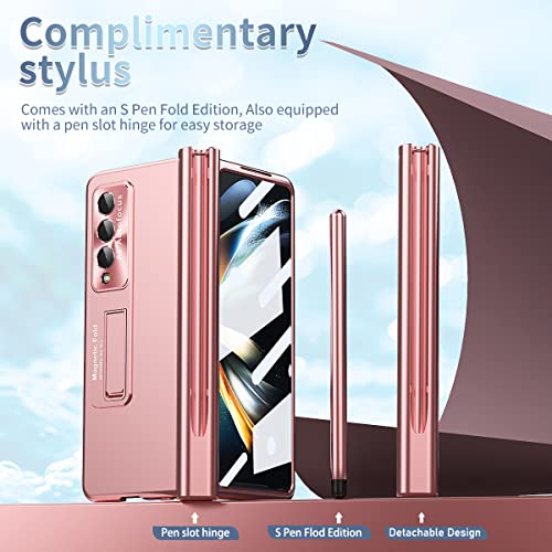 YQODSZ for Samsung Galaxy Z Fold 4 Case with S Pen & Pen Holder, [Hinge Protection] [Built-in Screen Protector] [Kickstand Feature] All-Inclusive Slim PC Phone Case Cover for Z Fold 4 2022 - Pink