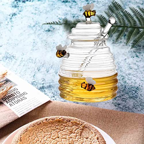 Mersuii 300 ML Honey Dish Honey Jar with Dipper and Lid Large Glass Jar Honey Pot Wooden Honey Dippers Glass Honey Dispenser Containers for Store Honey Syrup Jam Jelly Home Kitchen