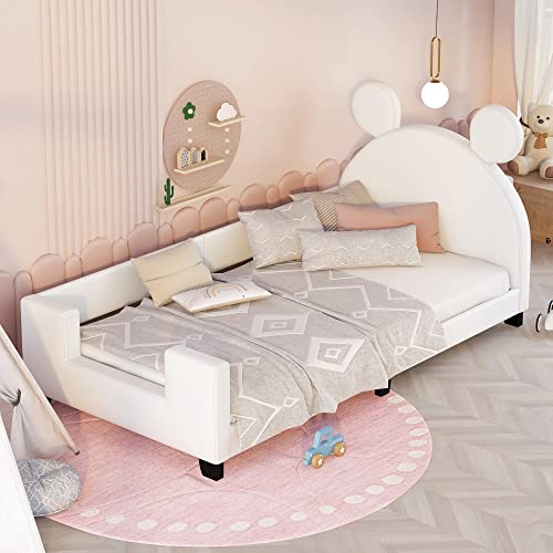 Merax Kid Twin Upholstered Day Bed Frame for Kids Boys Girls, Wood Platform Bed with Mouse Ears Headboard for Living Room Bedroom,Easy Assemble (Twin,White)