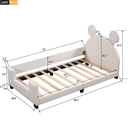 Merax Kid Twin Upholstered Day Bed Frame for Kids Boys Girls, Wood Platform Bed with Mouse Ears Headboard for Living Room Bedroom,Easy Assemble (Twin,White)