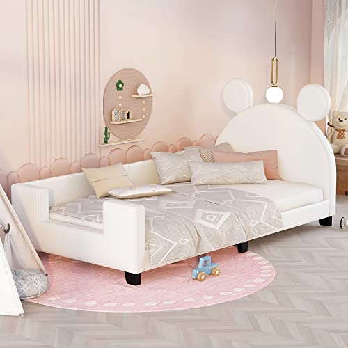 Merax Kid Twin Upholstered Day Bed Frame for Kids Boys Girls, Wood Platform Bed with Mouse Ears Headboard for Living Room Bedroom,Easy Assemble (Twin,White)