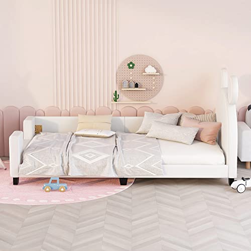 Merax Kid Twin Upholstered Day Bed Frame for Kids Boys Girls, Wood Platform Bed with Mouse Ears Headboard for Living Room Bedroom,Easy Assemble (Twin,White)