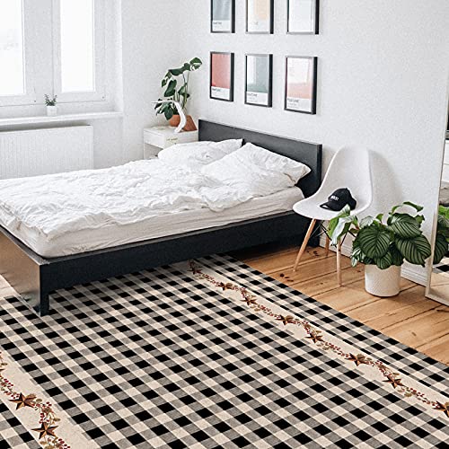 Microfiber Rubber Backing Non-Slip Area Rug - Washable Durable 5x7 Feet Indoor Felt Carpet - Vintage Western Texas Star Primitive Berries Black Buffalo Checkered Plaid Entry Carpets for Home Bedroom