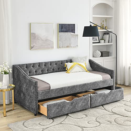 Daybed with Drawers, Modern Velvet Upholstered Twin Size Day Bed Button-Tufted Sofa Daybed Frame with Double Drawers, No Box Spring Needed, Furniture for Bedroom Living Room Guest Room (Grey, Twin)