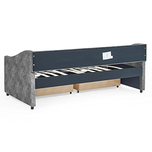 Daybed with Drawers, Modern Velvet Upholstered Twin Size Day Bed Button-Tufted Sofa Daybed Frame with Double Drawers, No Box Spring Needed, Furniture for Bedroom Living Room Guest Room (Grey, Twin)