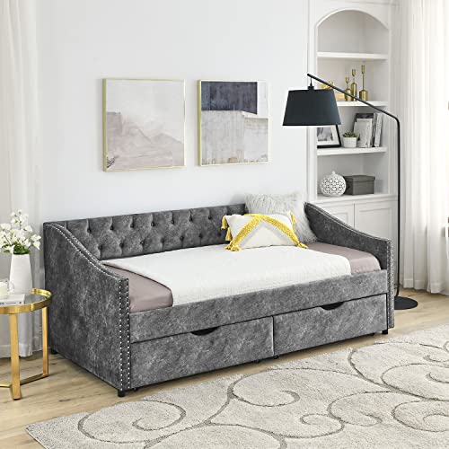 Daybed with Drawers, Modern Velvet Upholstered Twin Size Day Bed Button-Tufted Sofa Daybed Frame with Double Drawers, No Box Spring Needed, Furniture for Bedroom Living Room Guest Room (Grey, Twin)