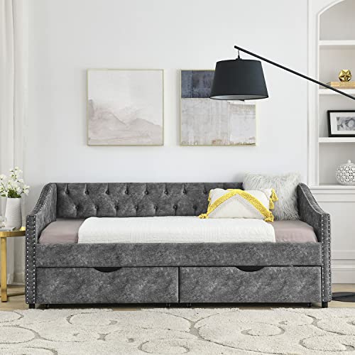 Daybed with Drawers, Modern Velvet Upholstered Twin Size Day Bed Button-Tufted Sofa Daybed Frame with Double Drawers, No Box Spring Needed, Furniture for Bedroom Living Room Guest Room (Grey, Twin)