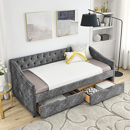 Daybed with Drawers, Modern Velvet Upholstered Twin Size Day Bed Button-Tufted Sofa Daybed Frame with Double Drawers, No Box Spring Needed, Furniture for Bedroom Living Room Guest Room (Grey, Twin)