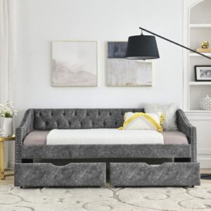 Daybed with Drawers, Modern Velvet Upholstered Twin Size Day Bed Button-Tufted Sofa Daybed Frame with Double Drawers, No Box Spring Needed, Furniture for Bedroom Living Room Guest Room (Grey, Twin)