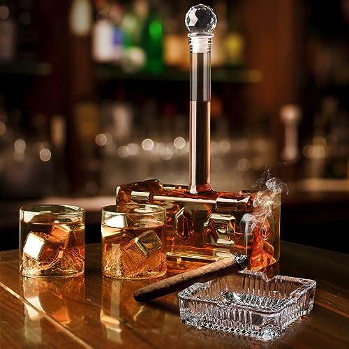 Swirbe Wine&Whiskey Decanter Set,750ml Hammer Decanter,2 Whiskey Glasses and 4 Ice stones,Wonderful Father Day Gift for Dad, Husband