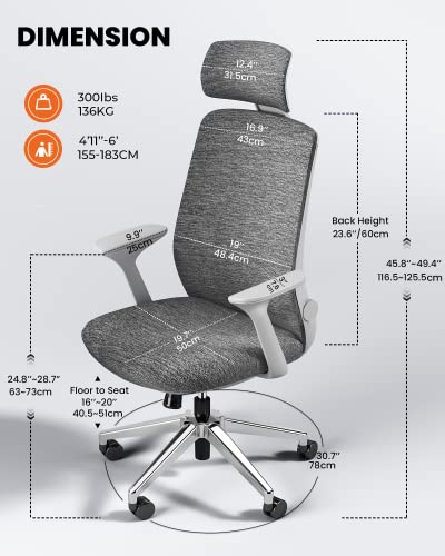 Dripex Mesh Office Chair for Home, Ergonomic Desk Chair with Arms/Lumbar Support/Mesh Back/Adjustable Headrest & Height/Wheels, Computer Chairs Tilt Reclining Swivel Rolling Chair, Grey