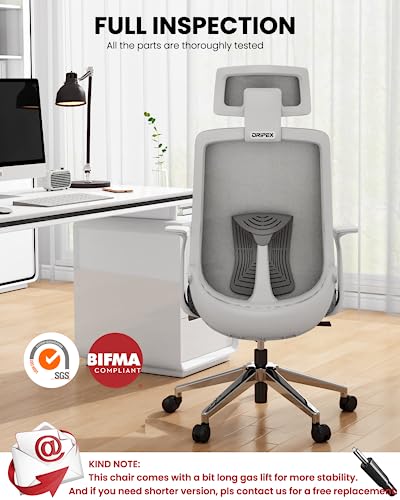 Dripex Mesh Office Chair for Home, Ergonomic Desk Chair with Arms/Lumbar Support/Mesh Back/Adjustable Headrest & Height/Wheels, Computer Chairs Tilt Reclining Swivel Rolling Chair, Grey