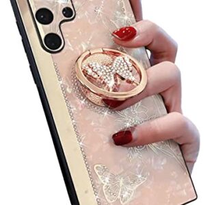 for Samsung Galaxy S23 Ultra Case for Women Girls,Luxury Cute Bling Diamond Butterfly Flower Design with Ring Stand,Plating Glitter Girly Hard Back Phone Case for Samsung S23 Ultra 5G Pink