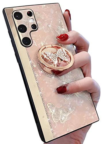 for Samsung Galaxy S23 Ultra Case for Women Girls,Luxury Cute Bling Diamond Butterfly Flower Design with Ring Stand,Plating Glitter Girly Hard Back Phone Case for Samsung S23 Ultra 5G Pink