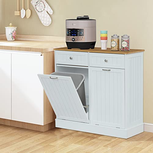 J-SUN-7 Double Tilt Out Trash Cabinet - Wooden Free Standing Kitchen Trash Can with 2 Hideaway Drawers, Multifunctional Trash Can Cabinet with Removable Cutting Board, White