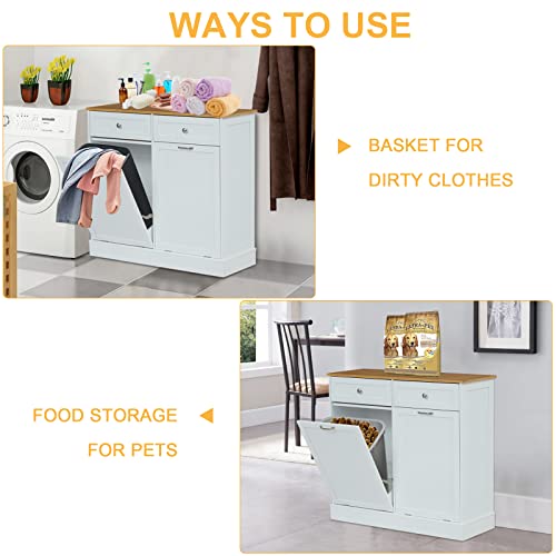 J-SUN-7 Double Tilt Out Trash Cabinet - Wooden Free Standing Kitchen Trash Can with 2 Hideaway Drawers, Multifunctional Trash Can Cabinet with Removable Cutting Board, White